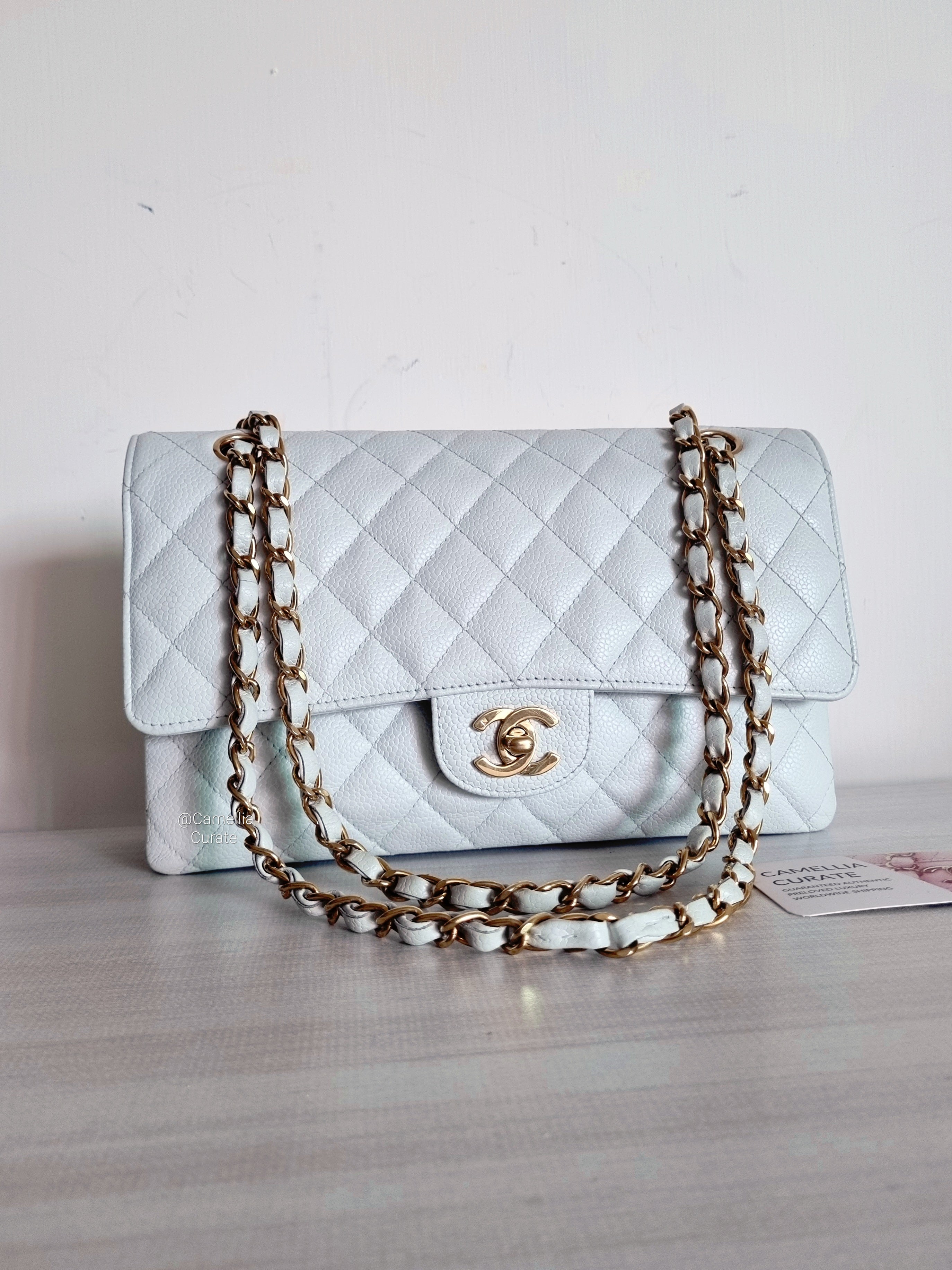 Chanel Baby Sky Blue Caviar Classic Medium Flap 24k Gold – CamelliaCurate