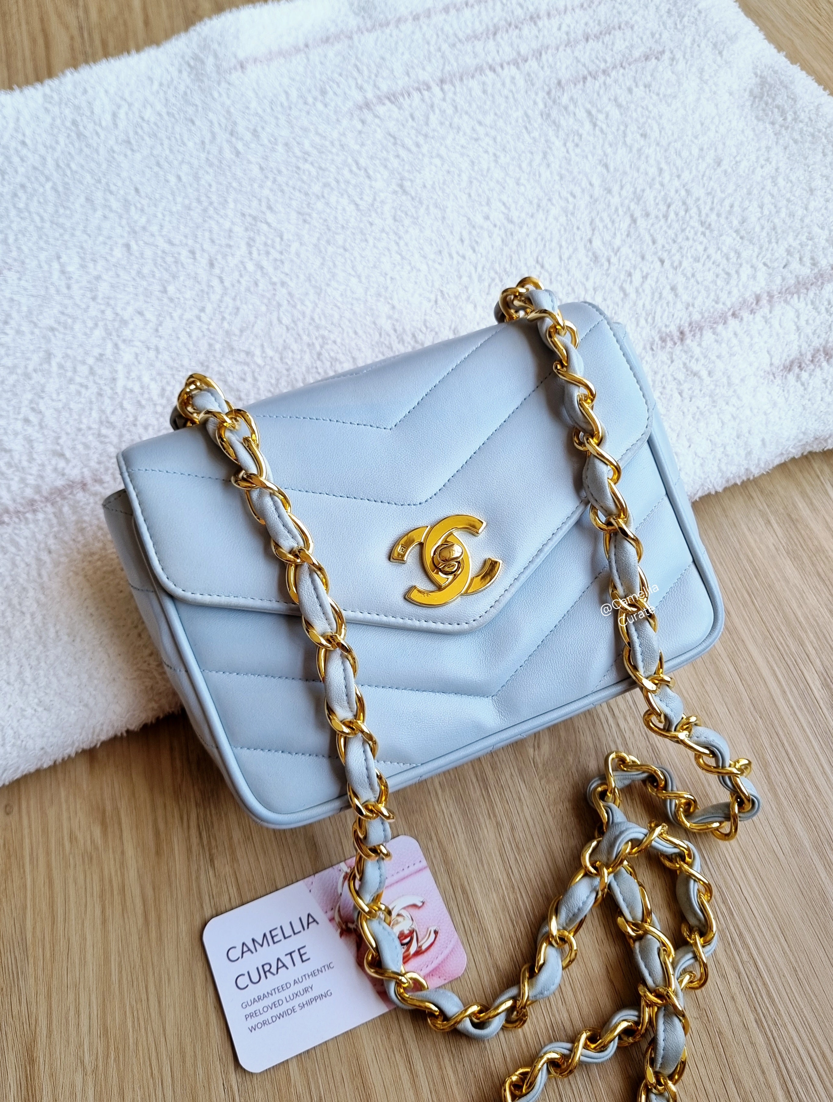 Chanel Baby Blue Mini Vintage Chevron 24k Gold – CamelliaCurate